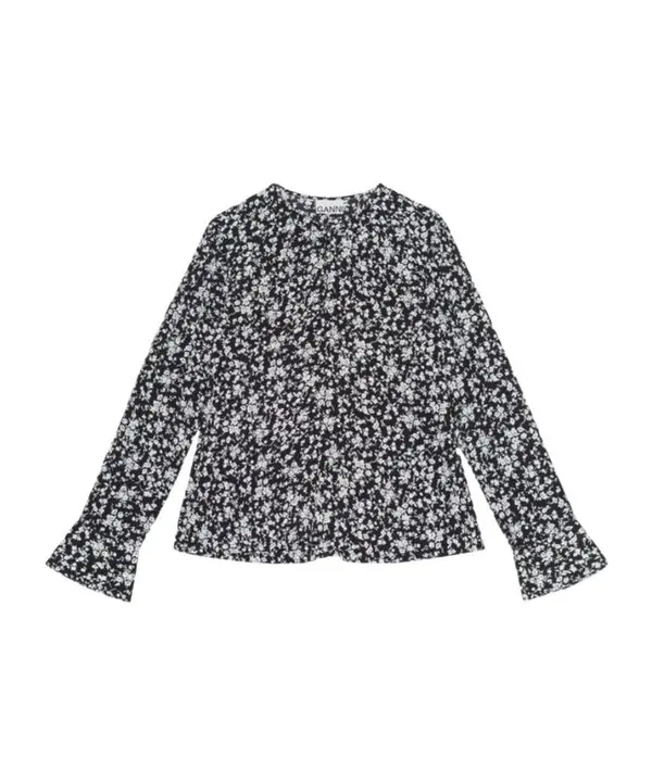 GANNI Printed Crepe O-neck Blouse - Black