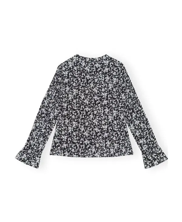 GANNI Printed Crepe O-neck Blouse - Black