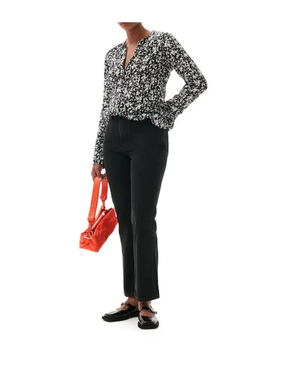 GANNI Printed Crepe O-neck Blouse - Black