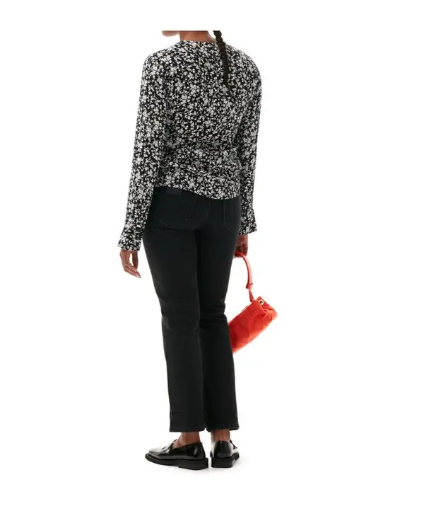 GANNI Printed Crepe O-neck Blouse - Black