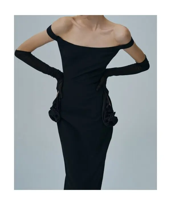 Magda Butrym Off Shoulder Midi Dress With Rose Appliqué Cutouts