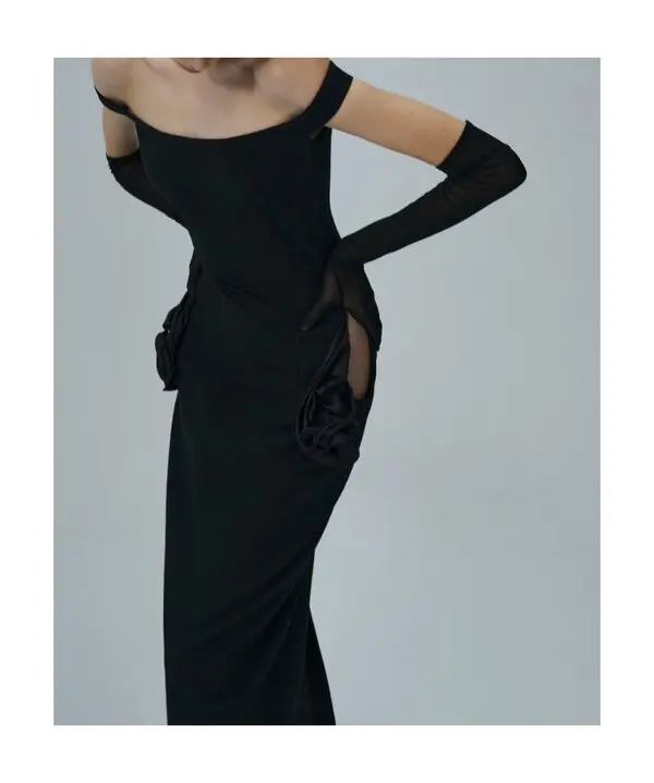 Magda Butrym Off Shoulder Midi Dress With Rose Appliqué Cutouts