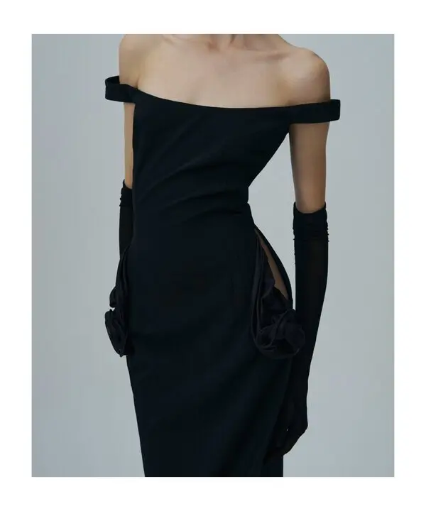 Magda Butrym Off Shoulder Midi Dress With Rose Appliqué Cutouts