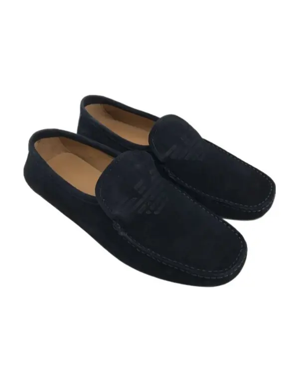 Emporio Armani Suede Loafers With Embossed Logo - Black