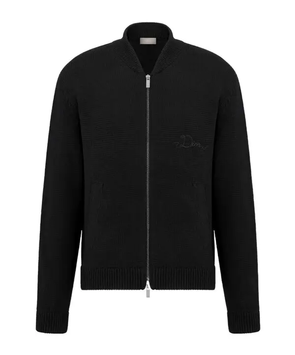 Dior Wool Knit Bomber Jacket With Ribbon Embroidery - Black