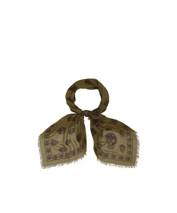 Alexander McQueen Classic Skull Printed Frayed-edeg Scarf - Green