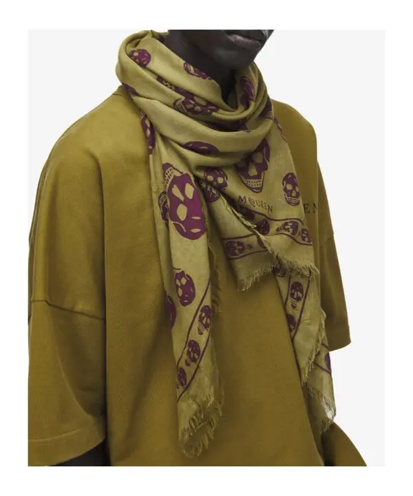 Alexander McQueen Classic Skull Printed Frayed-edeg Scarf - Green