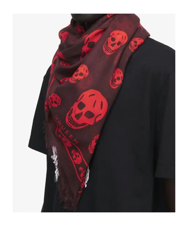 Alexander McQueen Classic Skull Printed Frayed-edeg Scarf - Deep Red