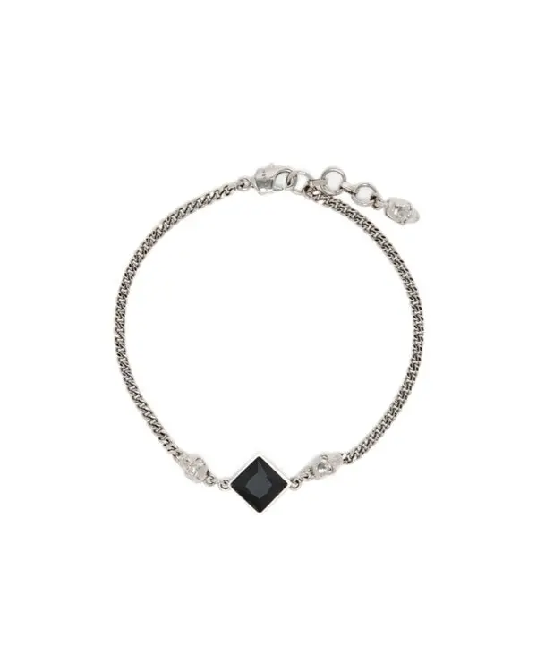 Alexander McQueen Twin Skull Bracelet With Black Crystal Pendant - Silver