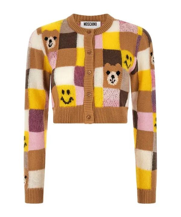 Moschino Checked Teddy & Smiley Face Long Sleeve Sweater - Brown