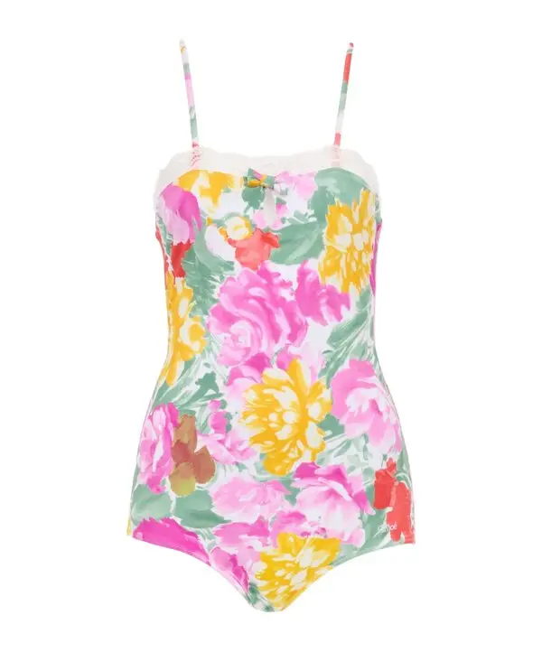 Chloé Garden Print Bodysuit With Lace Trim - Pink
