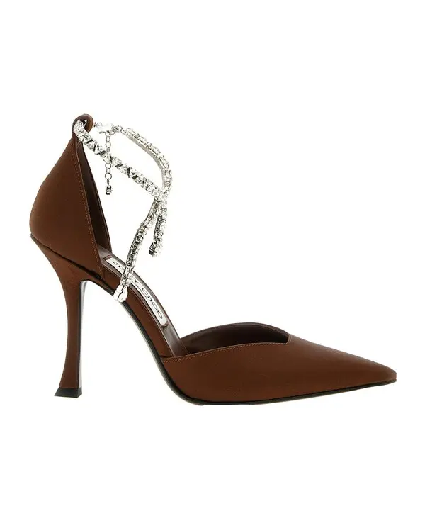 JIMMY CHOO Stevie Satin Pointed Pumps With Crystal Ankle Strap - Brown
