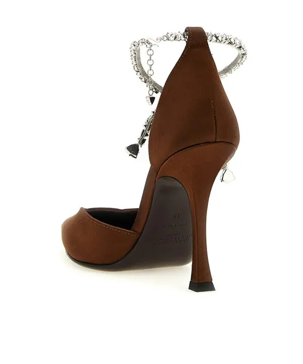 JIMMY CHOO Stevie Satin Pointed Pumps With Crystal Ankle Strap - Brown