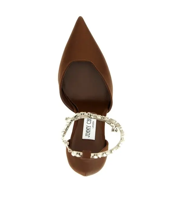 JIMMY CHOO Stevie Satin Pointed Pumps With Crystal Ankle Strap - Brown