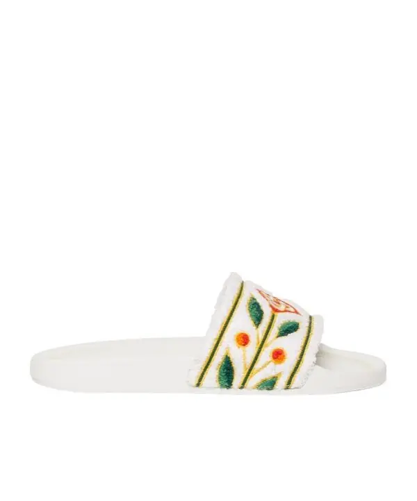Casablanca Floral Embroidered Terry Slides - White