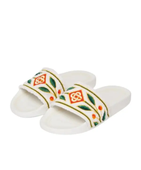 Casablanca Floral Embroidered Terry Slides - White