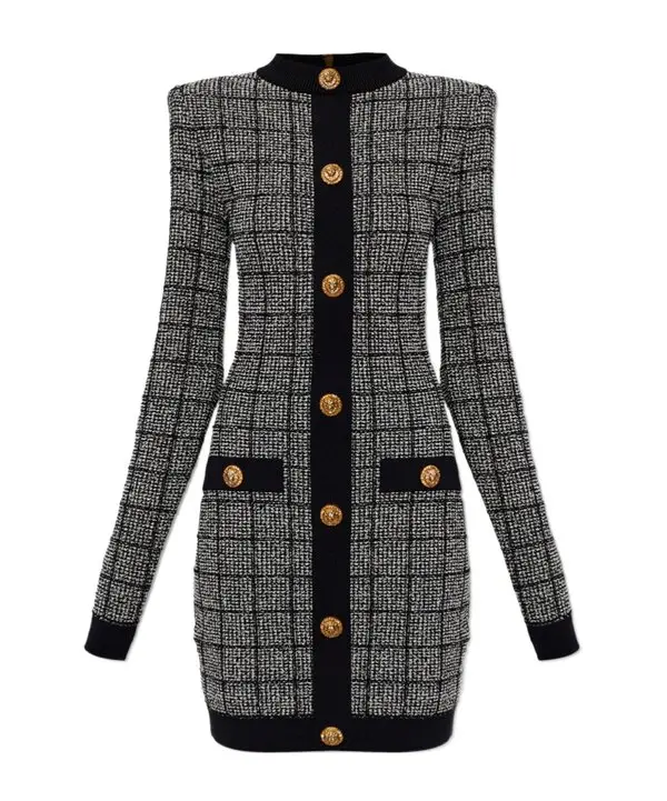Balmain Tweed Long-sleeve Dress With Decorative Buttons - Black