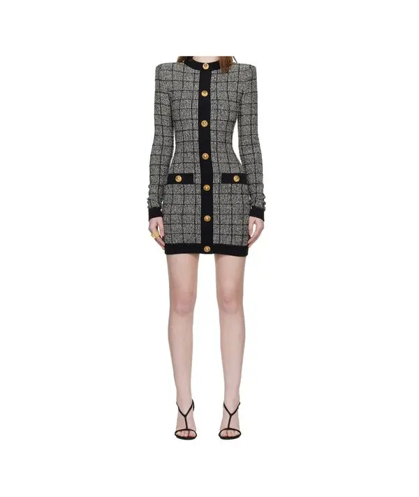 Balmain Tweed Long-sleeve Dress With Decorative Buttons - Black