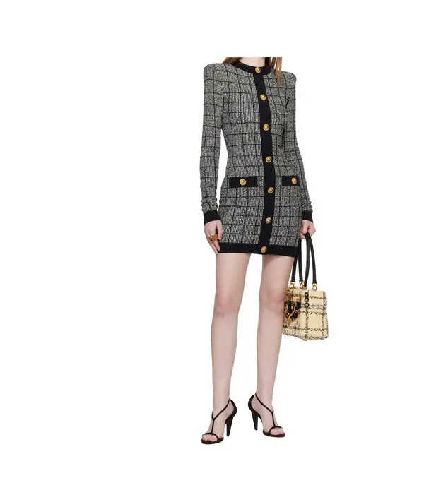 Balmain Tweed Long-sleeve Dress With Decorative Buttons - Black