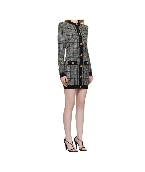 Balmain Tweed Long-sleeve Dress With Decorative Buttons - Black