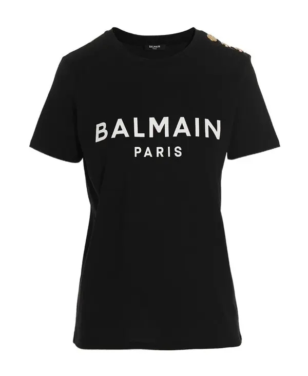 Balmain Logo Print Crewneck T-shirt With Embellished Shoulders