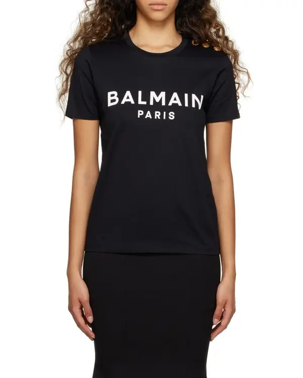 Balmain Logo Print Crewneck T-shirt With Embellished Shoulders