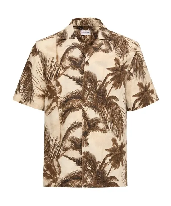Moncler Cotton Linen Blend Short Sleeve Shirt - Beige/green
