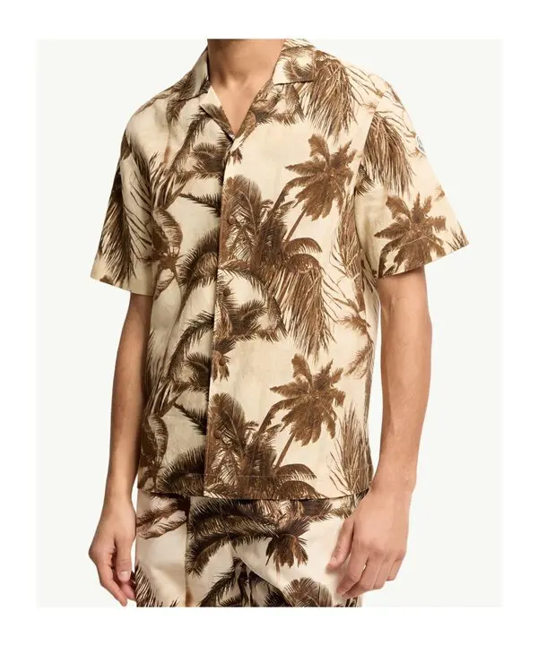 Moncler Cotton Linen Blend Short Sleeve Shirt - Beige/green