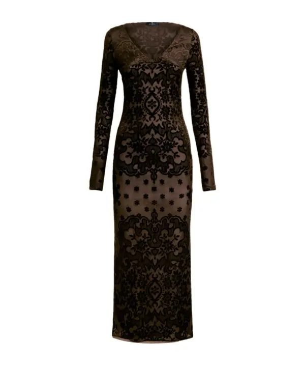 Etro Floral Jacquard Velvet V-neck Long Sleeve Dress - Black