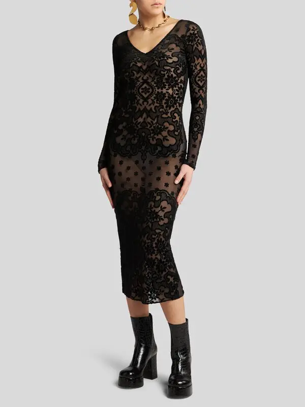 Etro Floral Jacquard Velvet V-neck Long Sleeve Dress - Black