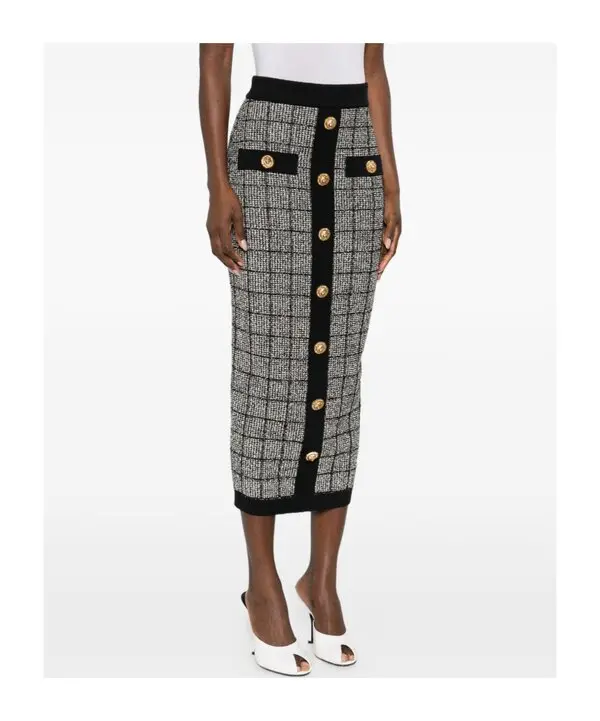 Balmain Button Check Midi Skirt