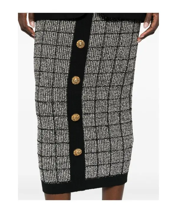 Balmain Button Check Midi Skirt