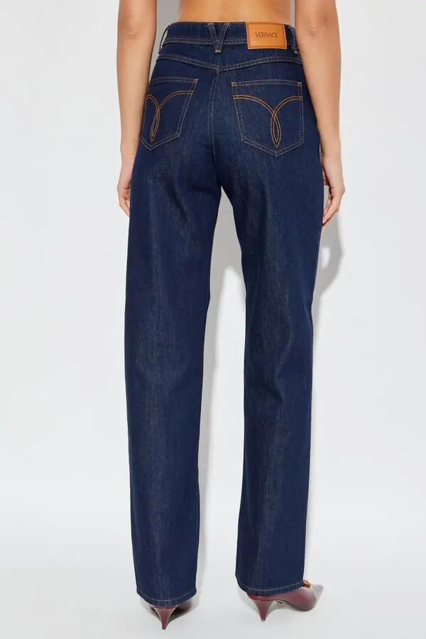 Versace Logo Patch Straight Leg Jeans - Navy Blue