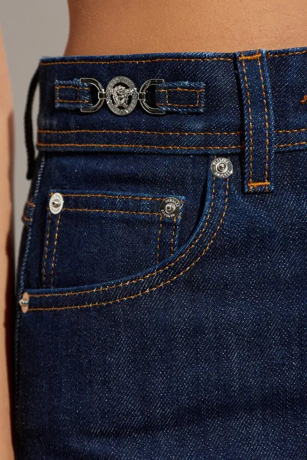 Versace Logo Patch Straight Leg Jeans - Navy Blue