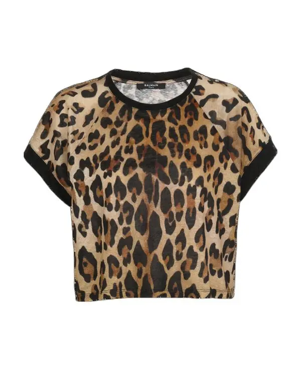 Balmain Leopard Print Crewneck Cropped T-shirt - Black