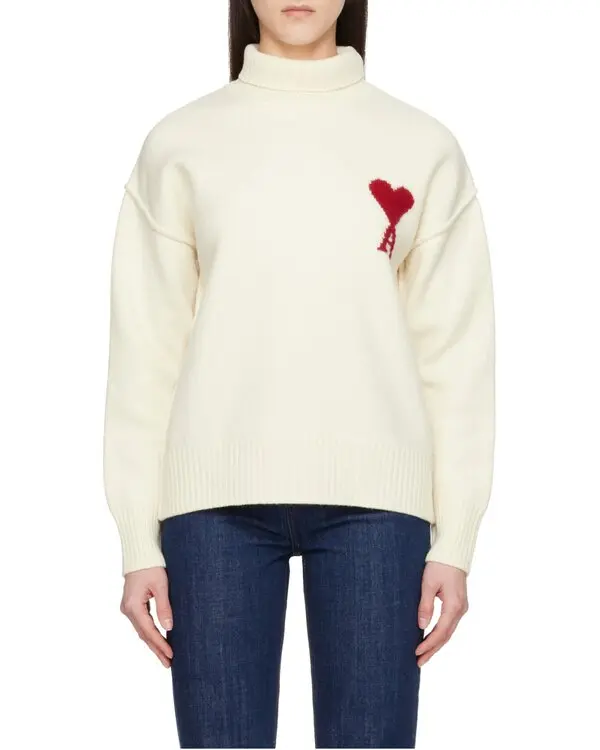 Ami Funnel Neck Sweater With Heart Intarsia - Milky White