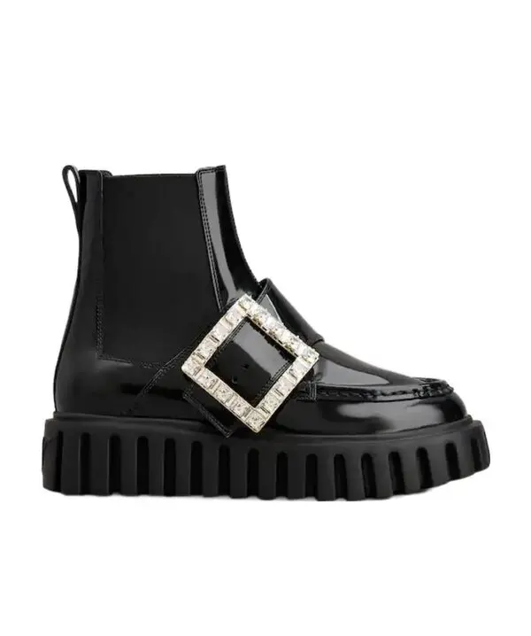 ROGER VIVIER Viv' Go-thick Strass Buckle Chelsea Ankle Boots In Patent Leather - Black