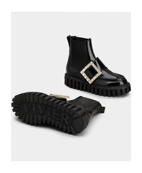 ROGER VIVIER Viv' Go-thick Strass Buckle Chelsea Ankle Boots In Patent Leather - Black