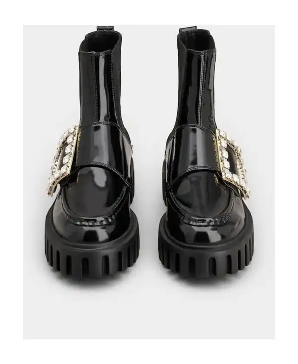 ROGER VIVIER Viv' Go-thick Strass Buckle Chelsea Ankle Boots In Patent Leather - Black