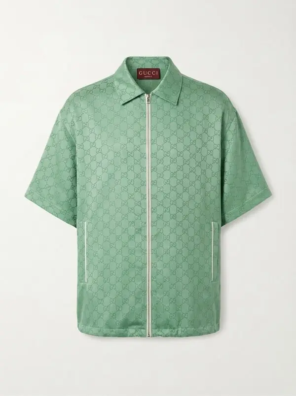 Gucci Relaxed Fit Gg Satin Zip Shirt - Lime Green