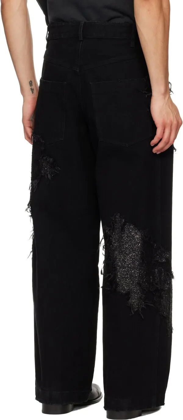 SONG FOR THE MUTE Belt-loop Jeans With Sequined Frayed Appliqué Details - Black