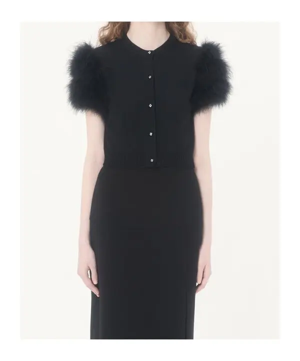 Valentino Garavani Crewneck Short Sleeve Knitted Cardigan With Feather Detail