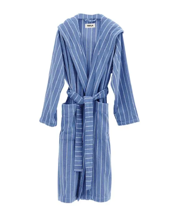 TEKLA Marseille Striped Hooded Bathrobe - Blue
