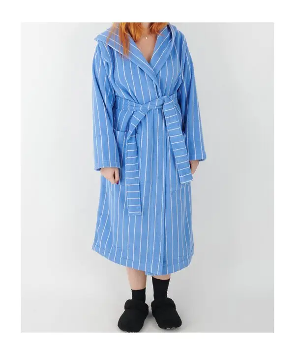 TEKLA Marseille Striped Hooded Bathrobe - Blue