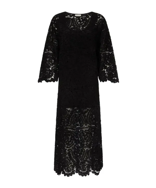 Loulou De Saison Ciko Crochet-pattern Bell-sleeve Midi Dress - Black
