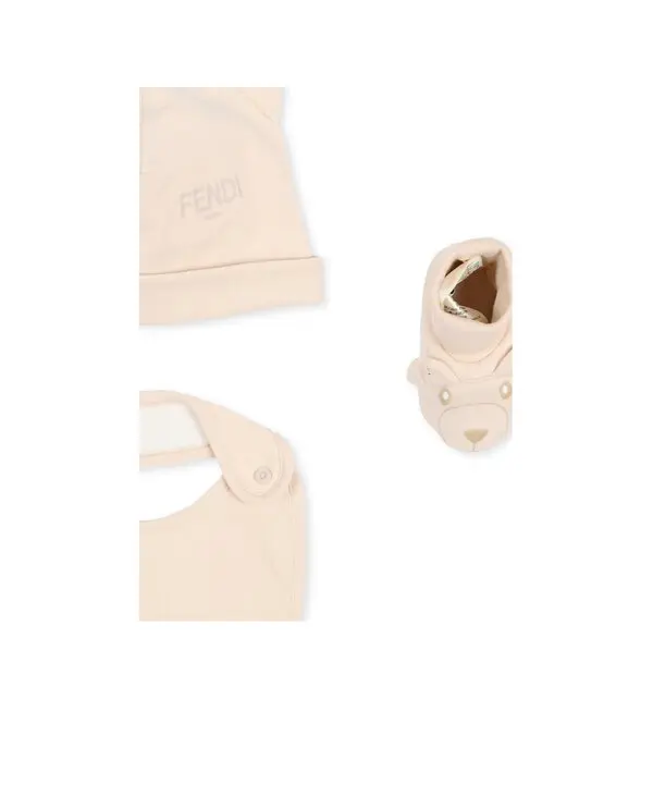 Fendi Bear Detail Beanie Hat, Bib, And Slippers Set