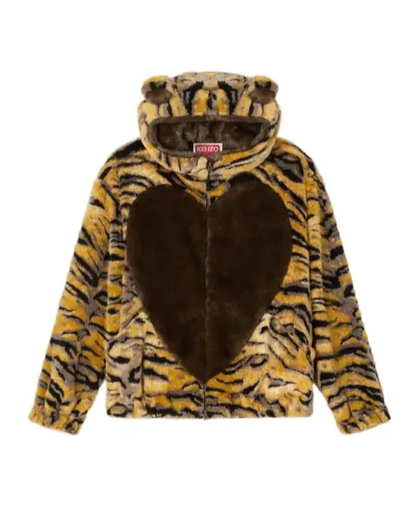 Kenzo Tiger Print Faux Fur Hooded Blouson