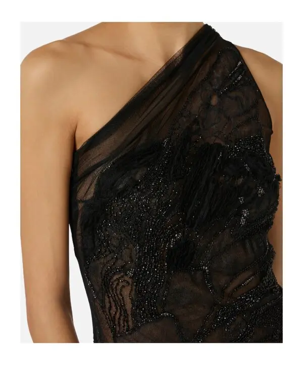 Elisabetta Franchi Embroidered One-shoulder Tulle Dress