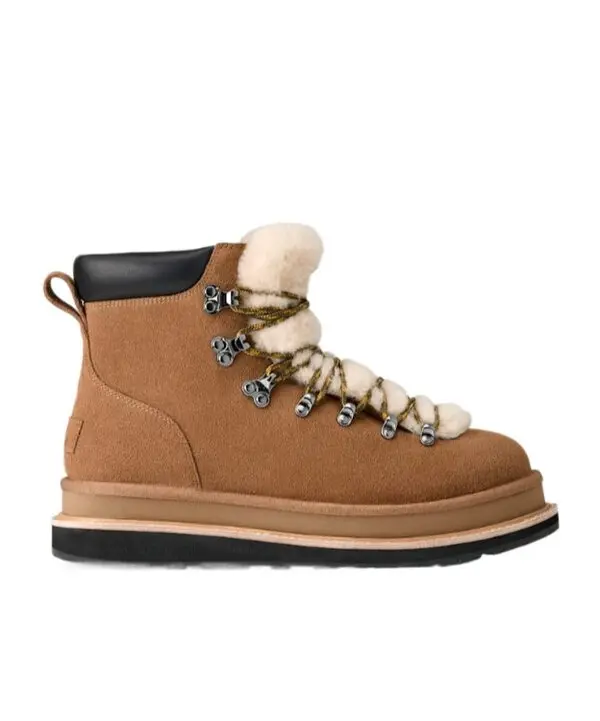 UGG X Sacai Ankle Boots With Fur Trim And Lace-up Detail - Maroon
