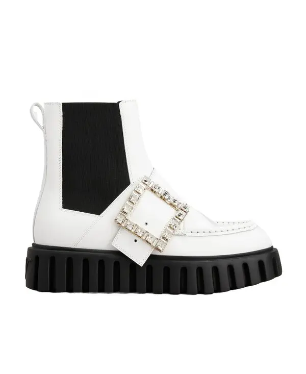 ROGER VIVIER Viv' Go-thick Strass Buckle Chelsea Ankle Boots In Patent Leather - White
